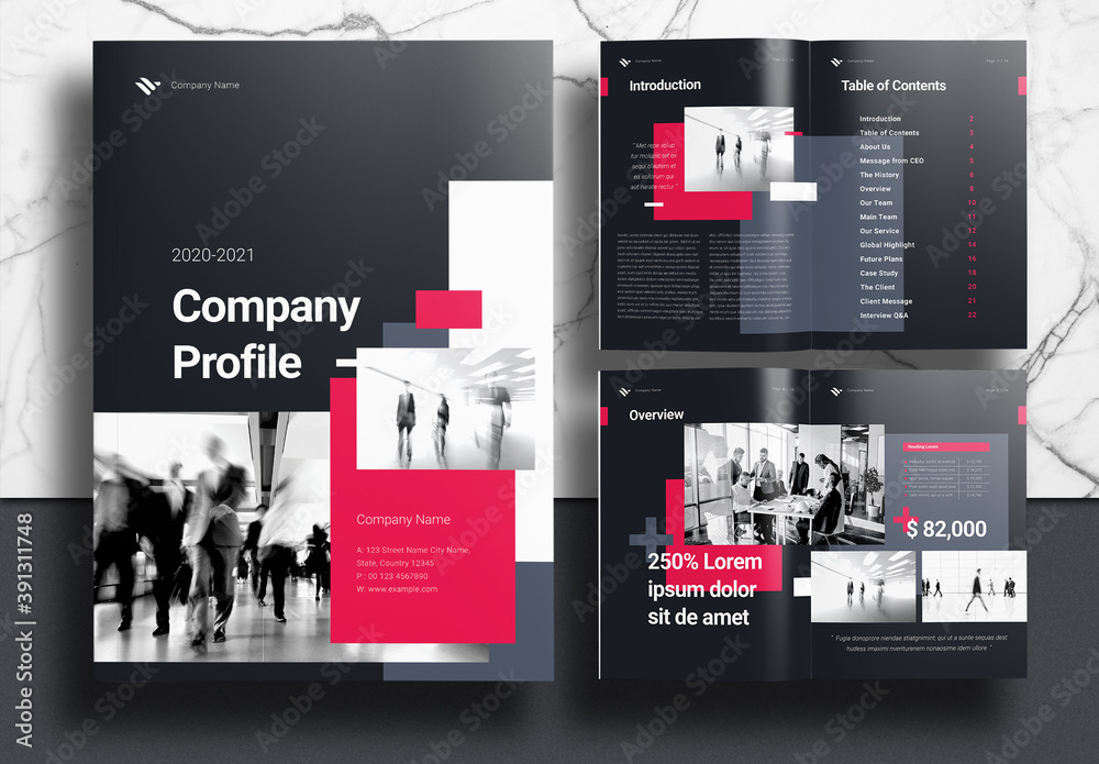 Company Profile Booklet Layout with Black and Pink Accents Stock ...
