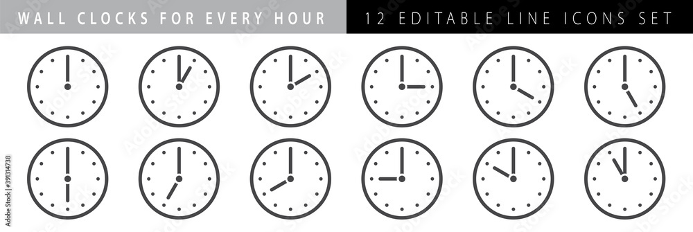 horizontal set of analog clock icon notifying each hour isolated on ...
