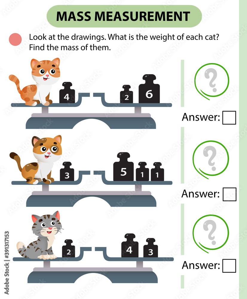 Math game, education game for children. Mass measurement. Scales. Solve ...