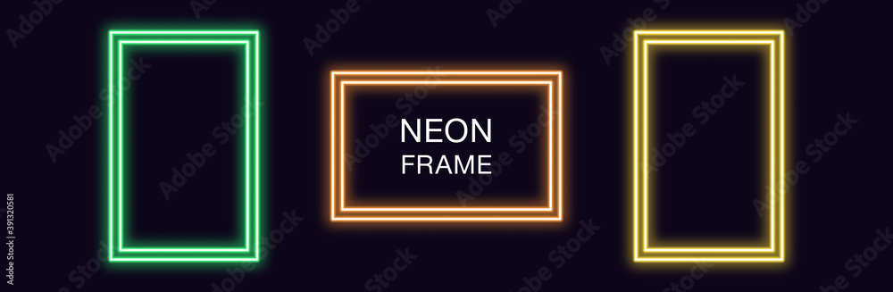 Neon rectangle Frame. Set of rectangular neon Border with double ...