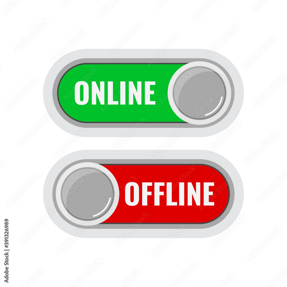 Online and offline contact or work icon set isolated on white background. Green online live and ...