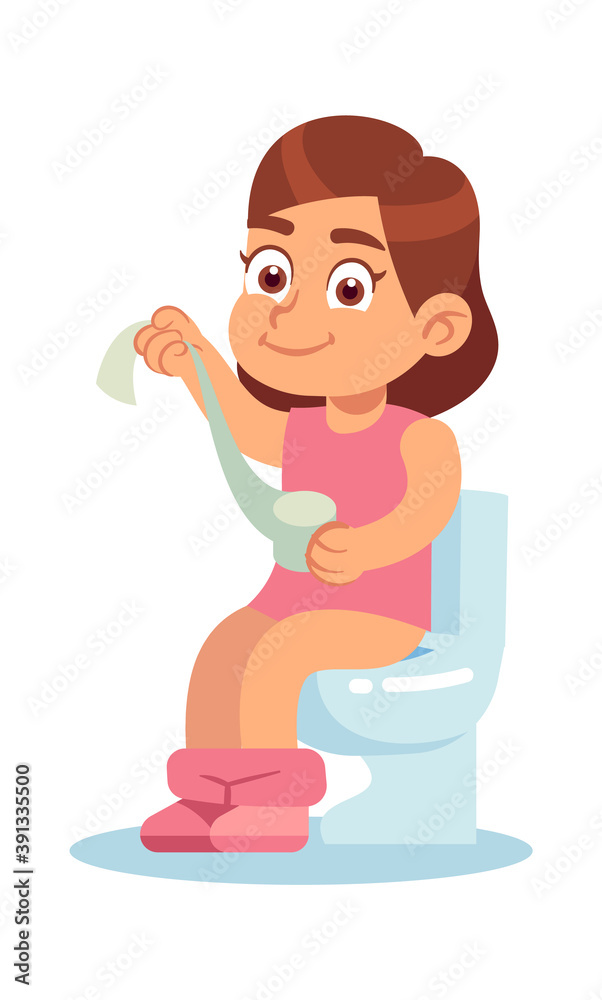 Girl in the toilet. Cute little baby sitting on potty with paper roll ...