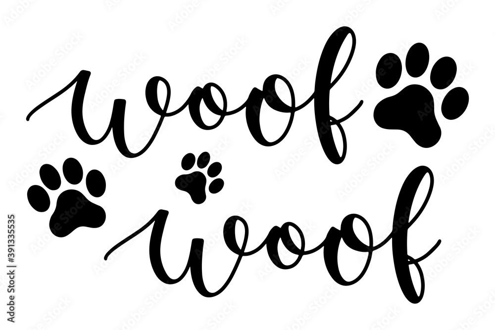 Woof word with paw marks hand drawn lettering ink in black vector ...