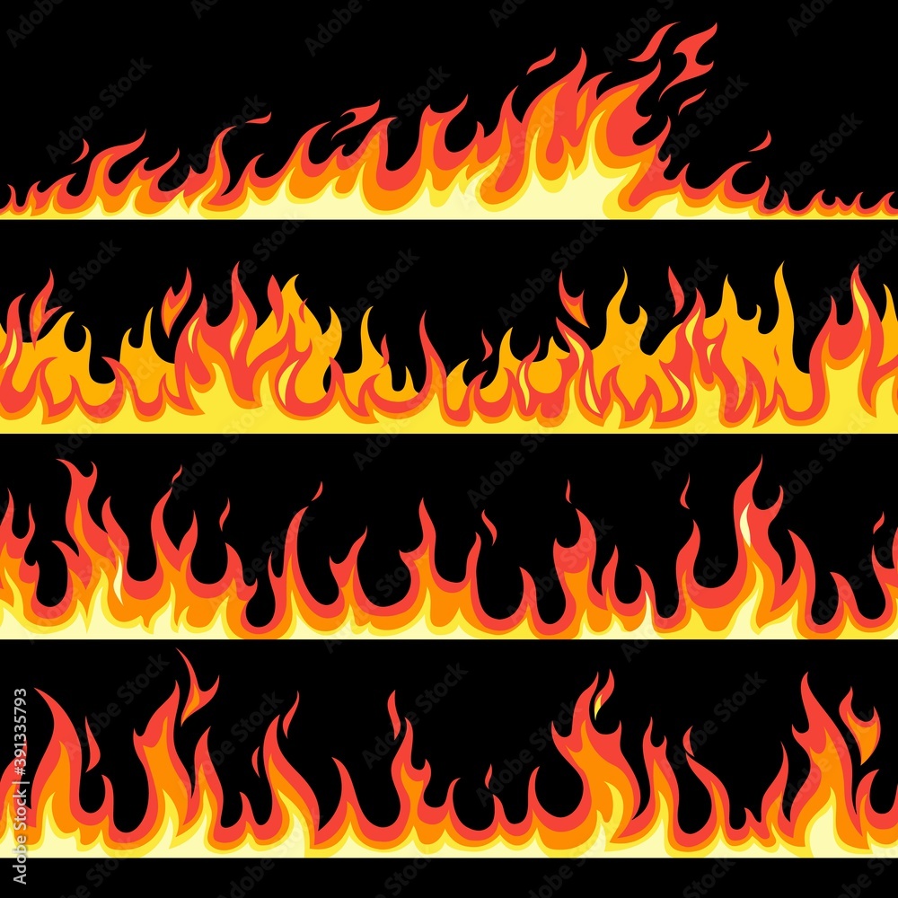 Fire flame seamless pattern set. Bright cartoon endless frames and ...