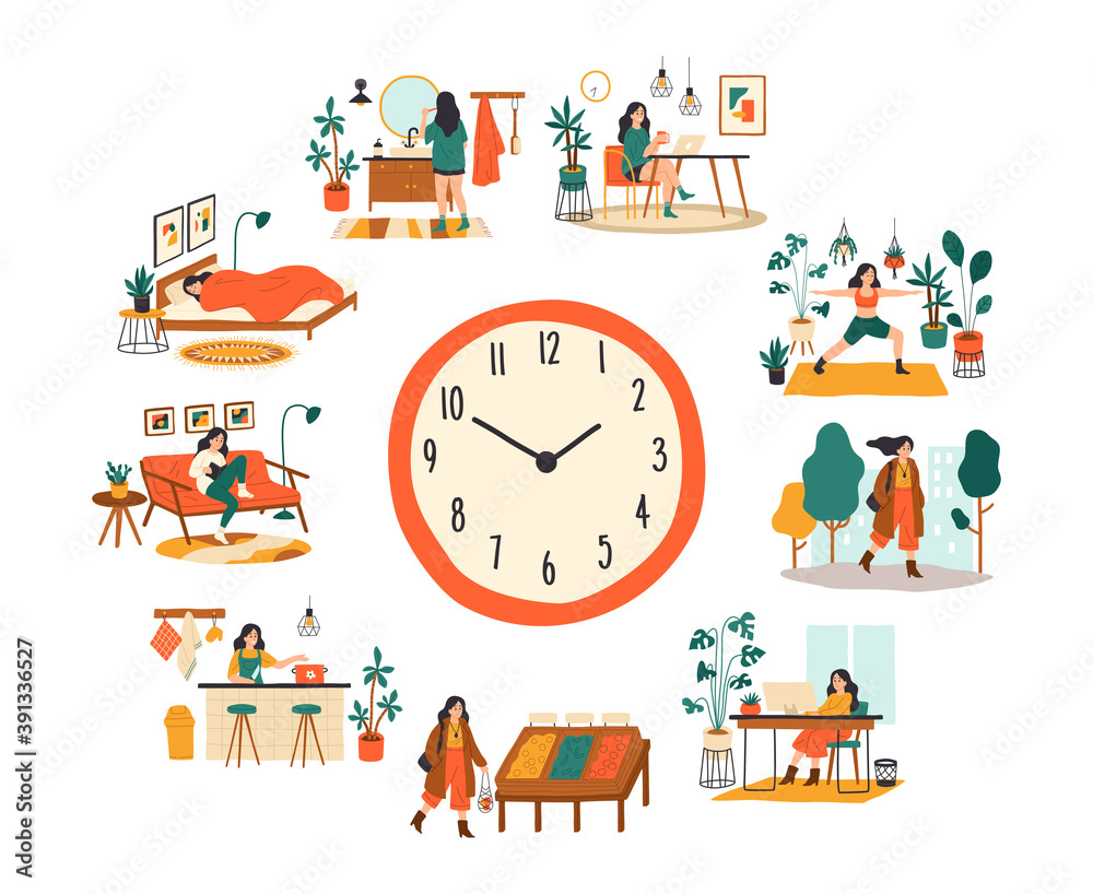 Female routine. Lifestyle activities temporal distribution, young woman ...