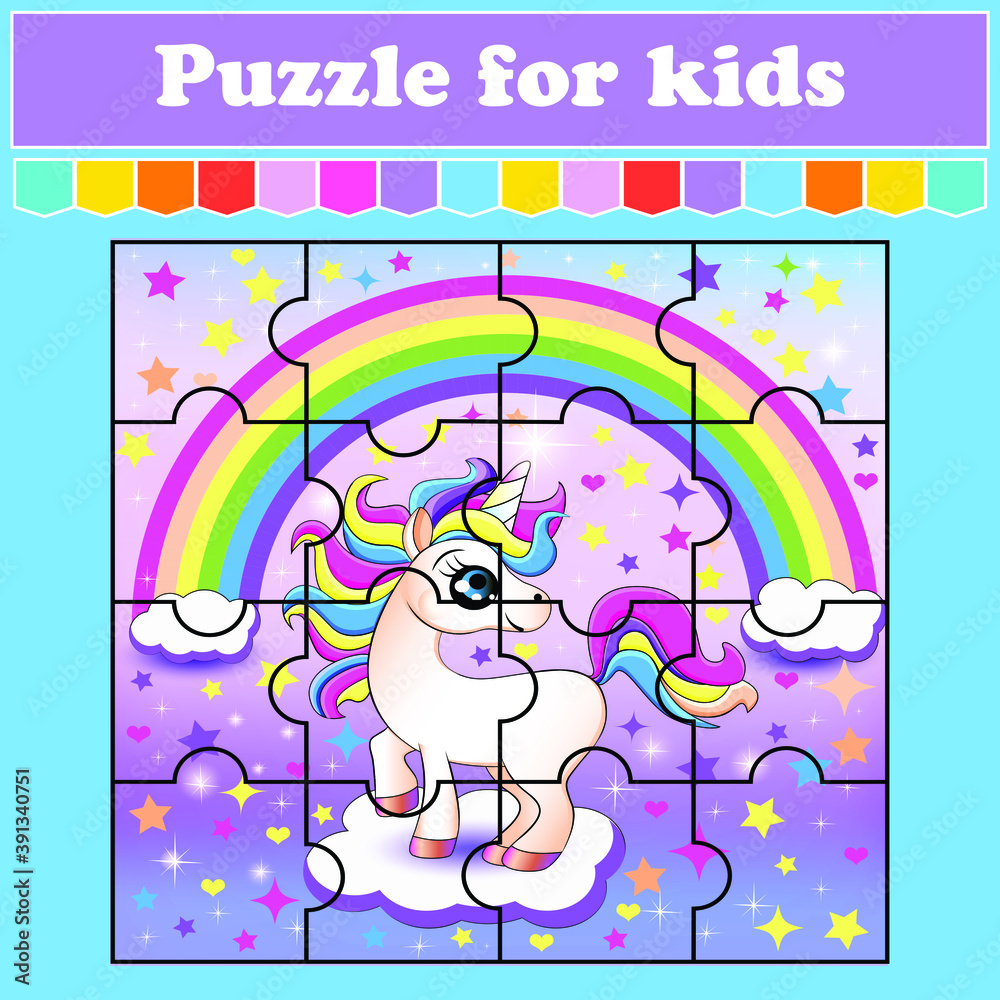 Puzzle game for kids. Illustration of a bright unicorn on a cloud with ...