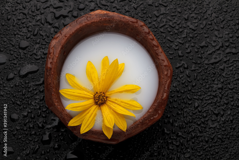 Yellow flower floating in a bowl of milk on a wet black background ...