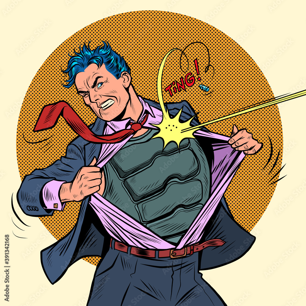 A superhero businessman tears up a suit. Bulletproof body Stock Vector ...