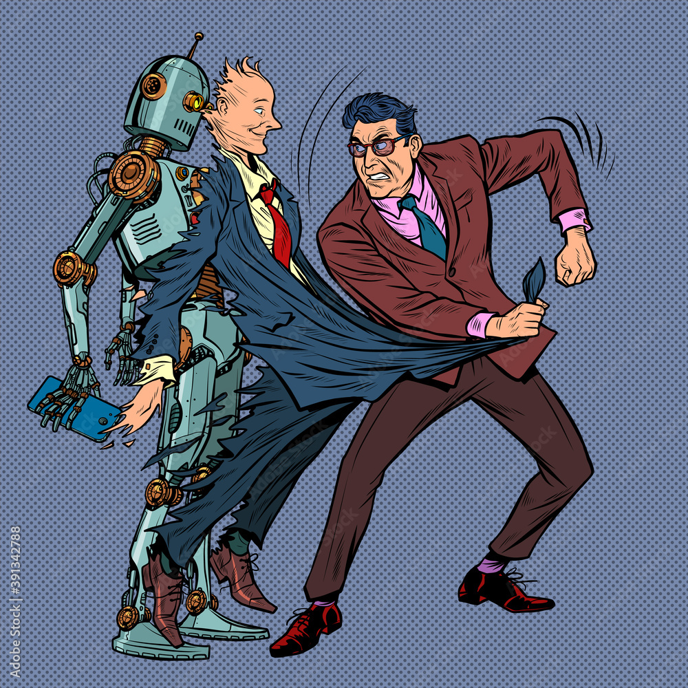 a man exposes a robot under a human shell vector de Stock | Adobe Stock