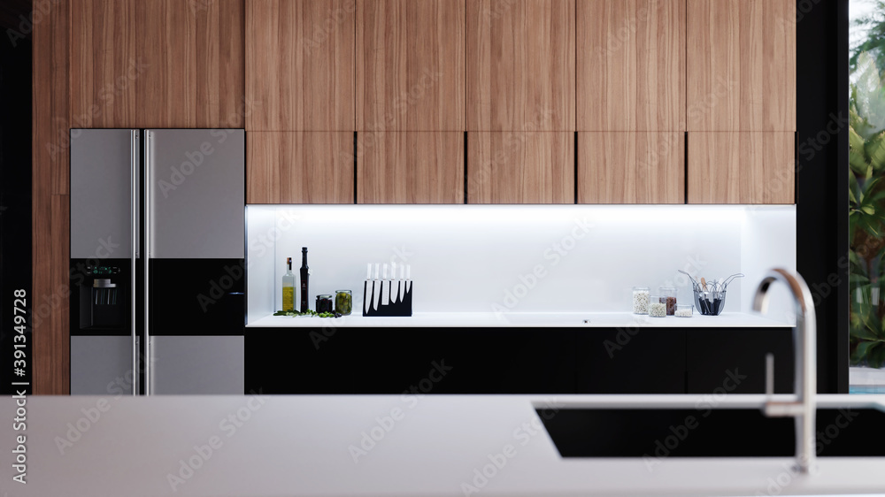 Modern kitchen front view, architecture interior design, 3D ...