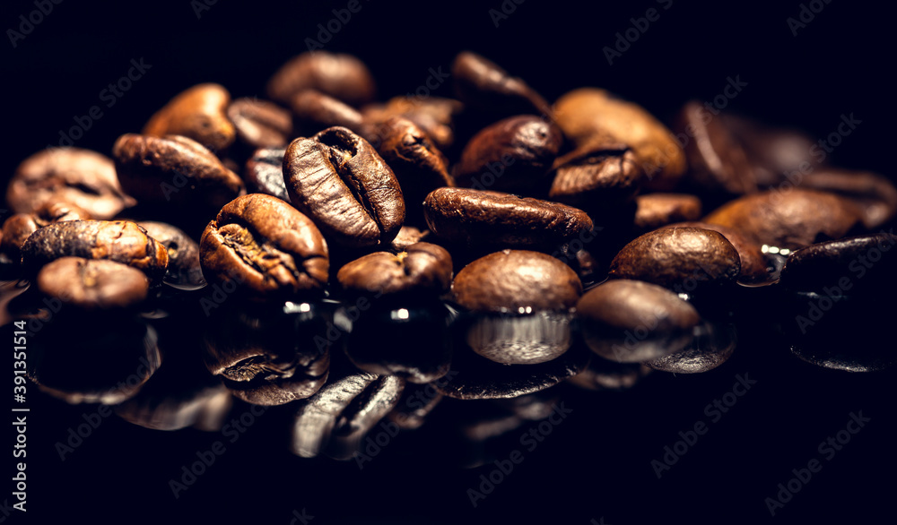 Coffee beans in brewed coffee. The concept of preparing aromatic strong ...