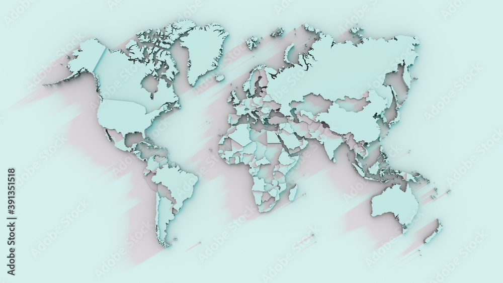 World map with raised continents and countries. 3d rendering Stock ...