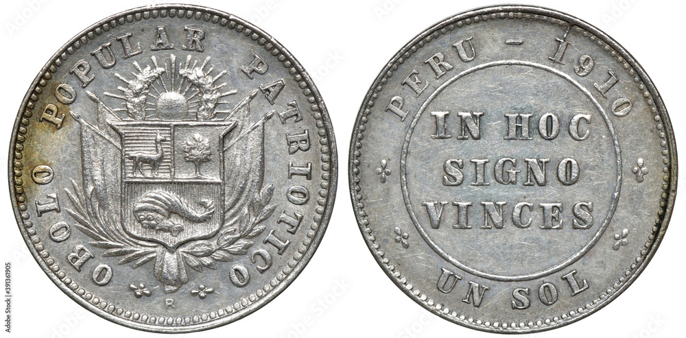 Peru Peruvian silver coin 1 one sol 1910, token coinage, shield with ...