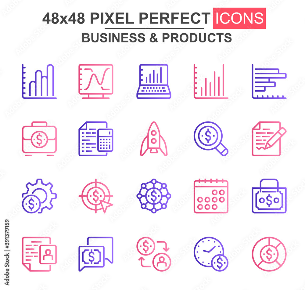 Business and products thin line icon set. Rocket, chart, goal, finance ...