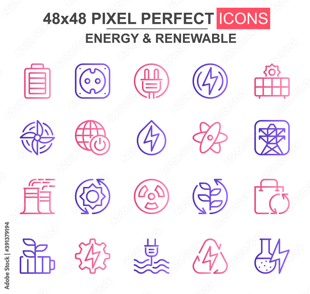 Energy and renewable thin line icon set. Power plant, nuclear energy ...