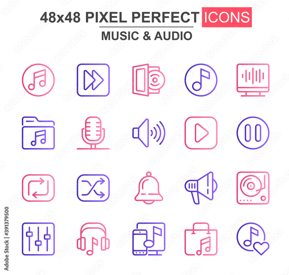 Music and audio thin line icon set. Player, mixer, equalizer, headphone ...