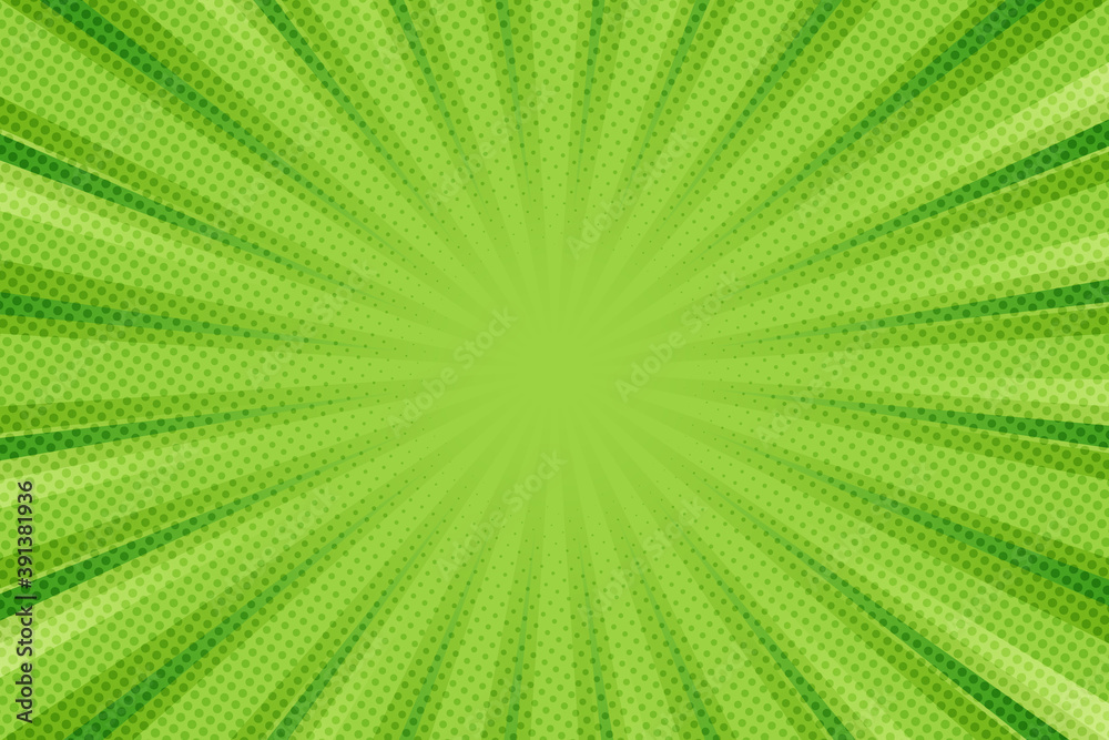 Pop art background for poster or book in green color. Radial rays ...
