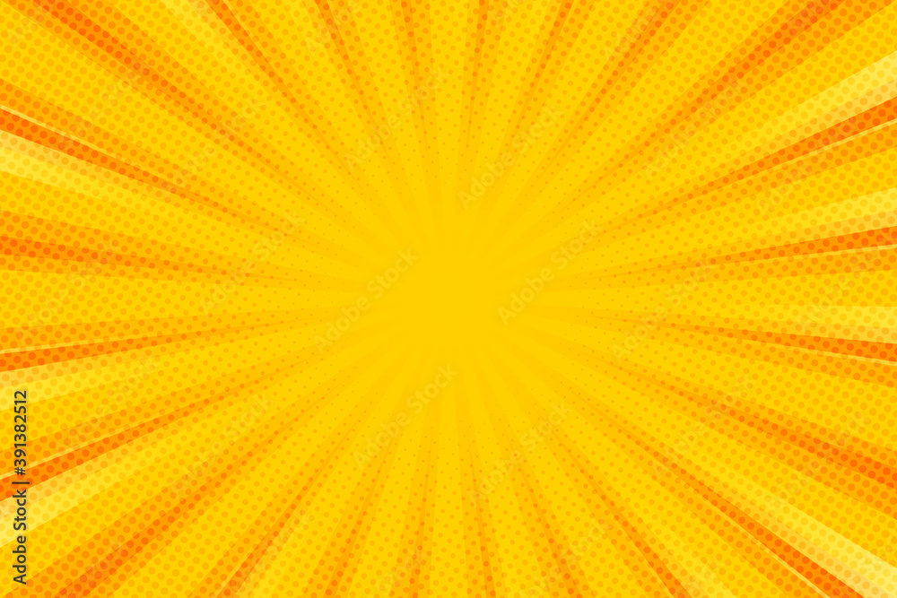 Pop art background for poster or book in yellow color. Radial rays ...