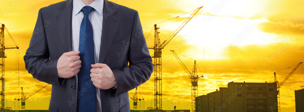 No face Unrecognizable person man engineer keep flaps of his jacket on ...