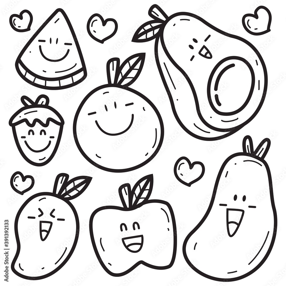 kawaii doodle fruit cartoon designs for coloring, backgrounds, stickers ...