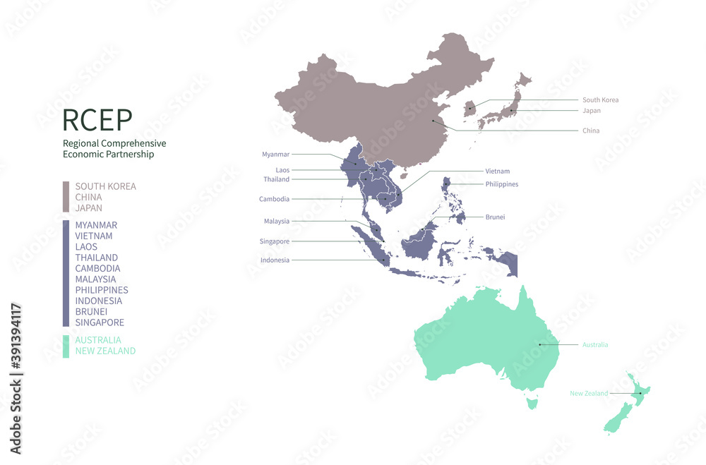 Infographic of RCEP participating countries. RCEP countries vector map ...