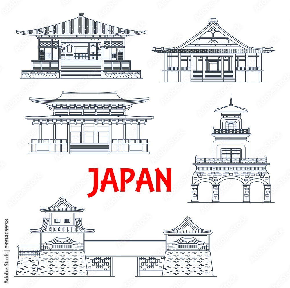 Japan landmarks, temples, tower gates and shrines, Japanese ...