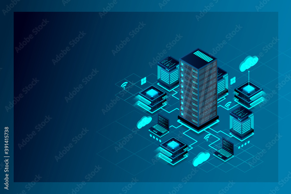 Computer technology isometric icon, server room, digital device set ...