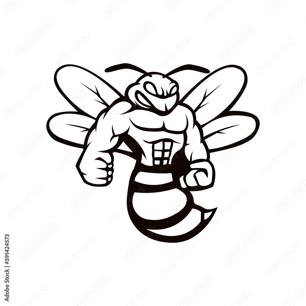 Bee mascot logo black and white version. Angry bee logo in sport style ...