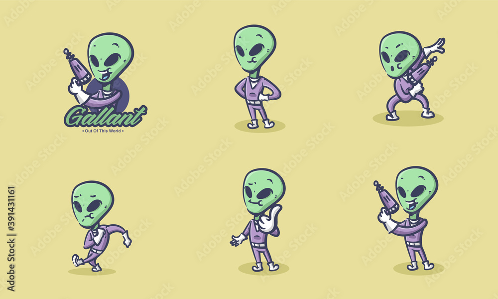 Alien cartoon concept in retro character box with mascot purple color ...