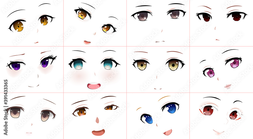 Set of Vector Cartoon Anime Style Expressions. Kawaii Cute Faces ...
