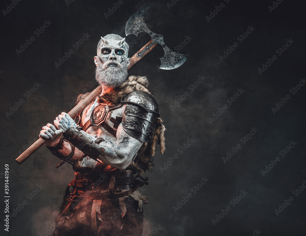 Evil and winter fashion of nordic undead warrior armed with huge two ...