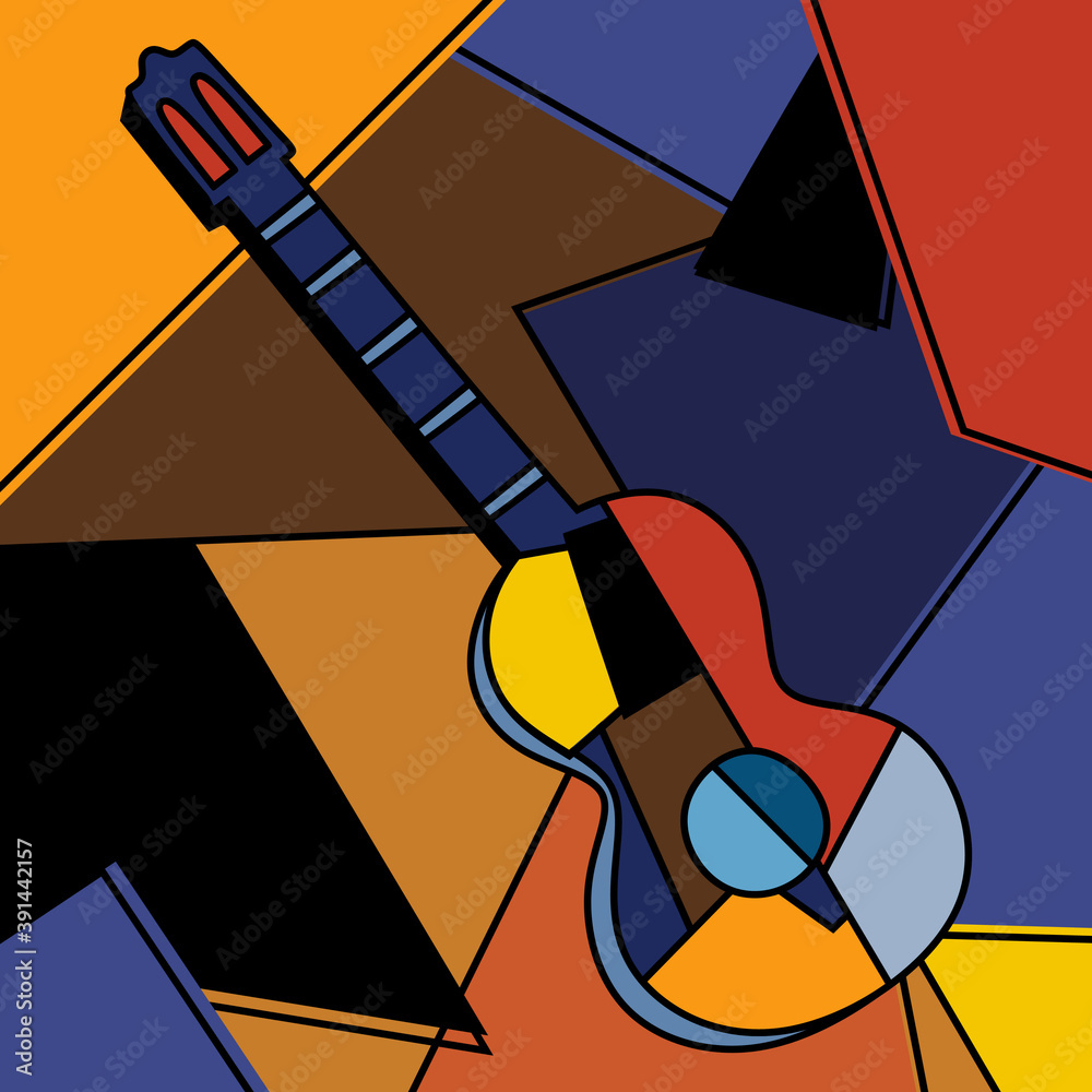 An acoustic guitar cubist surrealism painting modern abstract design. A ...