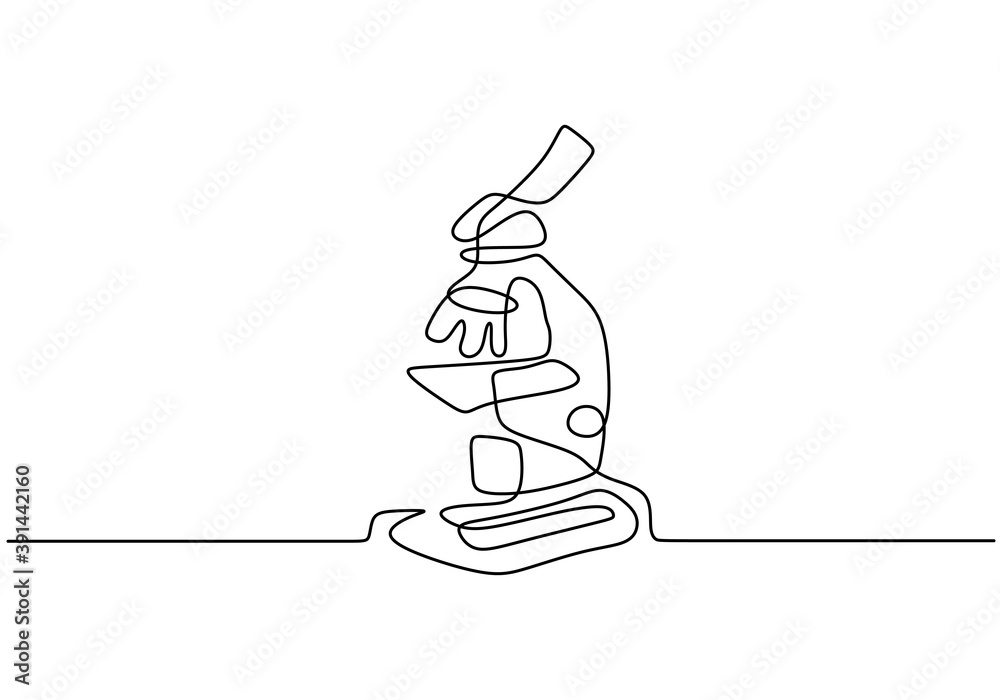 One line drawing of scientific microscope. Scientistc research ...