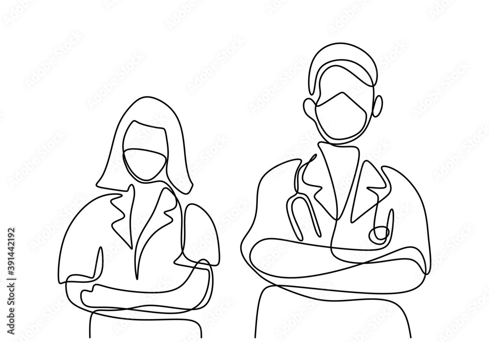One single line drawing of the doctor and nurse wearing face mask and ...