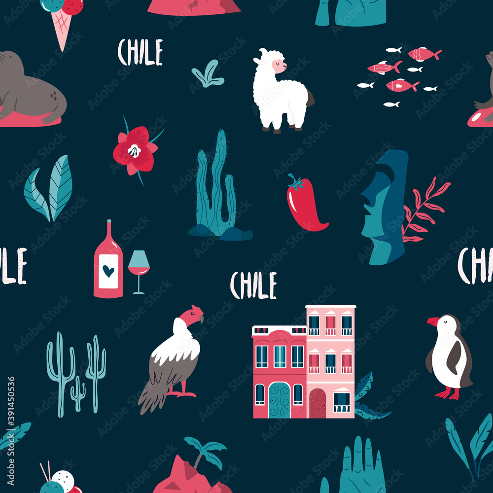 Seamless pattern with famous landmarks and symbols of Chile. Llama ...