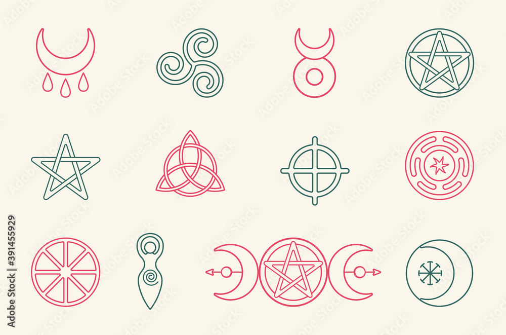 Collection of magical wiccan and pagan symbols, pentagram, triple moon ...