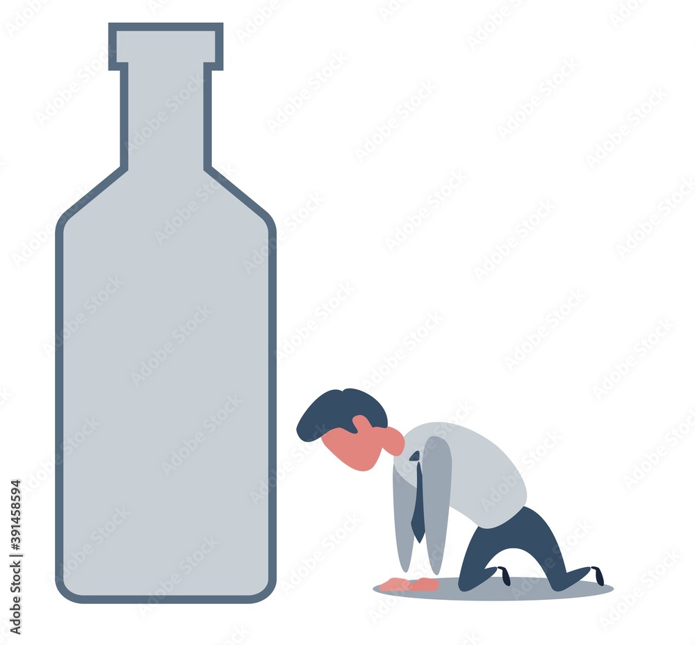 Sick drunk man on the knees beside the bottle of wine. Concept flat ...