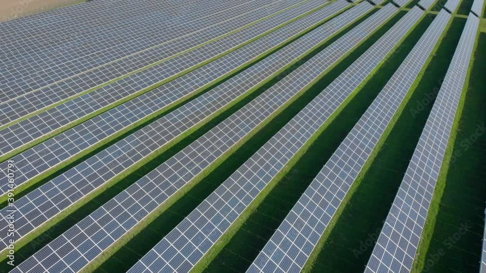 Aerial view of solar panels farm with cells for sunlight. Factory of ...