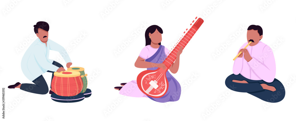 Traditional indian musicians flat color vector faceless character set ...