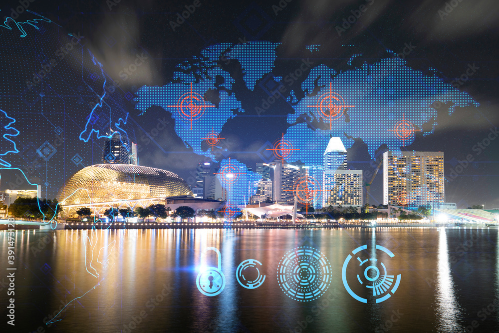 Hologram of Earth planet map on night panoramic cityscape of Singapore ...