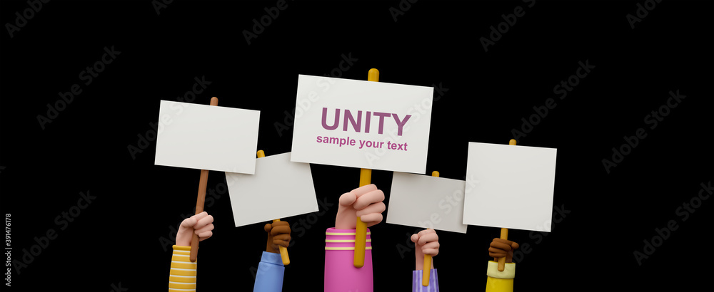 Cartoon hands up with posters on sticks isolated on black background ...