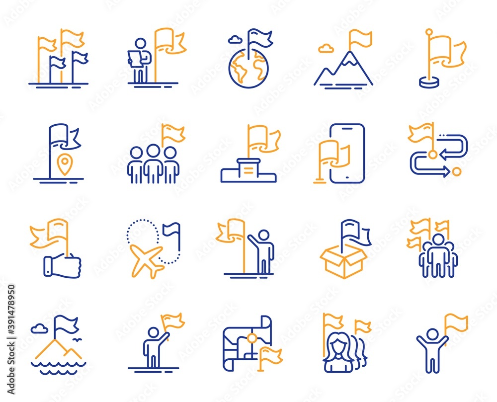 Flag line icons. Leadership, Goal Success, Winner with Flag. Navigation ...
