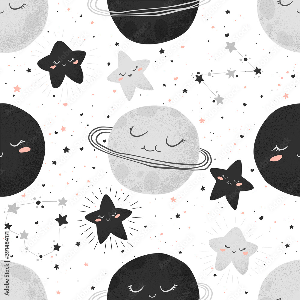 Seamless vector pattern with cute hand drawn cartoon space objects ...