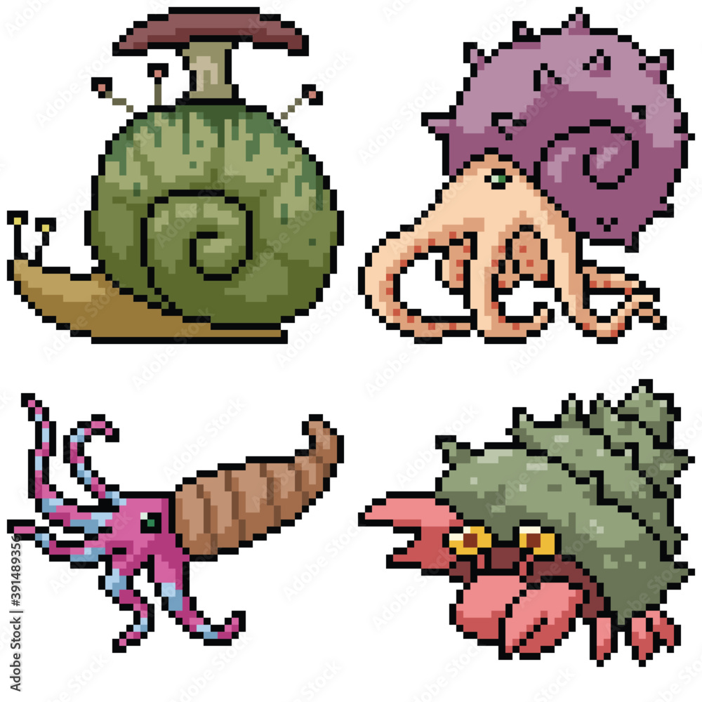 pixel art set isolated shell monster Stock Vector | Adobe Stock