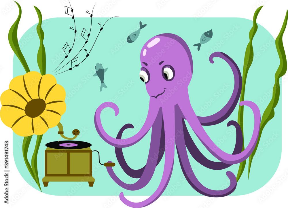 Vector drawing of an octopus that loves music and plays the gramophone ...