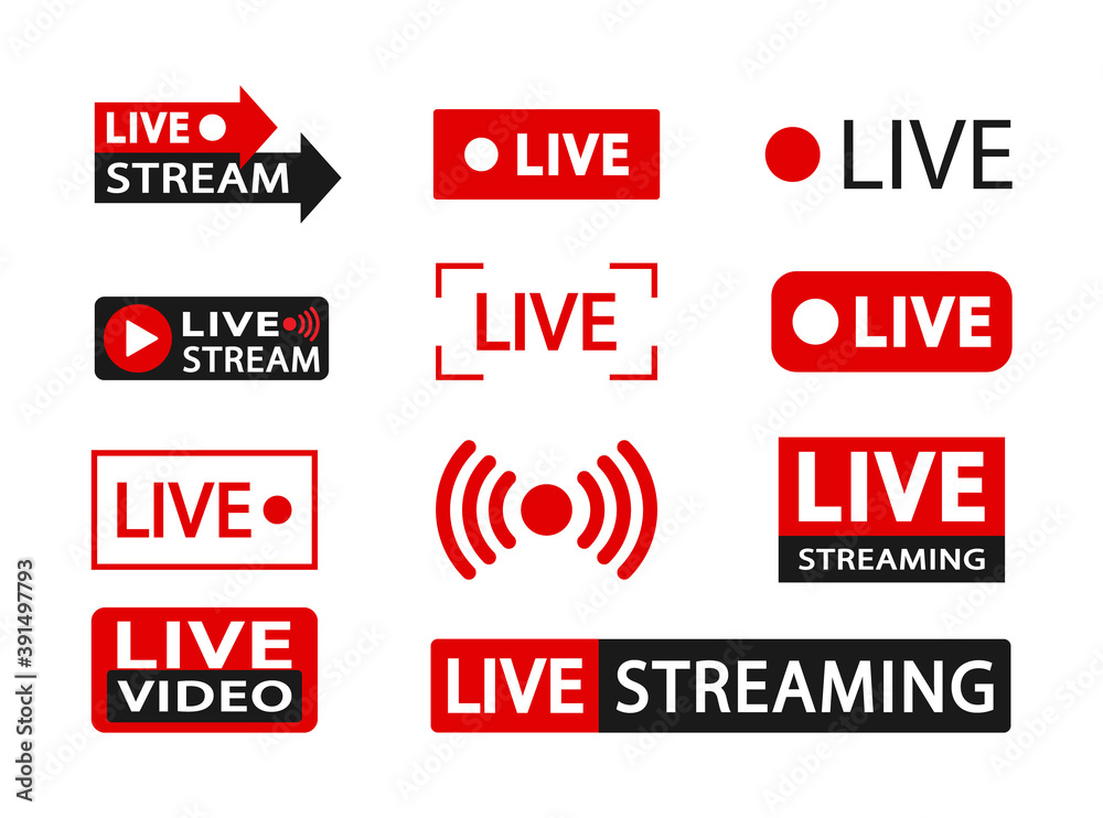 Set of live streaming icons Online Icon video broadcasting. Red and ...