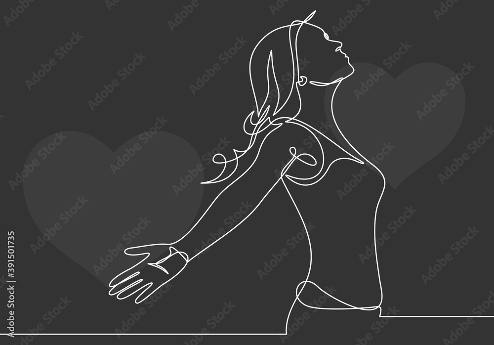 Continuous line art or One Line Drawing of a woman stretching arms is ...