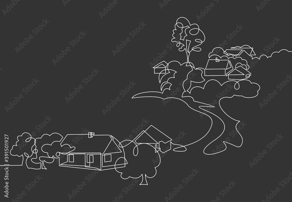 Rural landscape drawn in one line. Country house. continuous one line ...