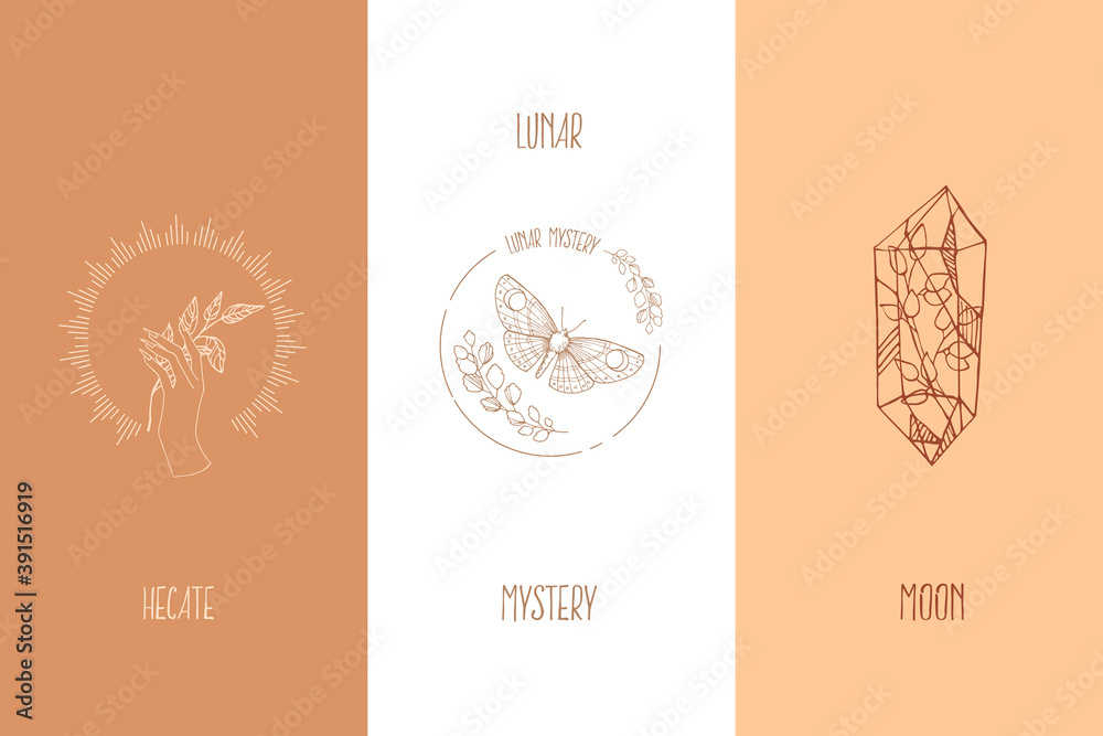 Hand drawn vector illustration of mystic logo. Magical outline clipart ...