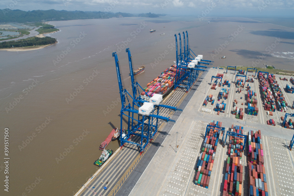 Aerial view, top view cargo ship port in the export, import by ship ...